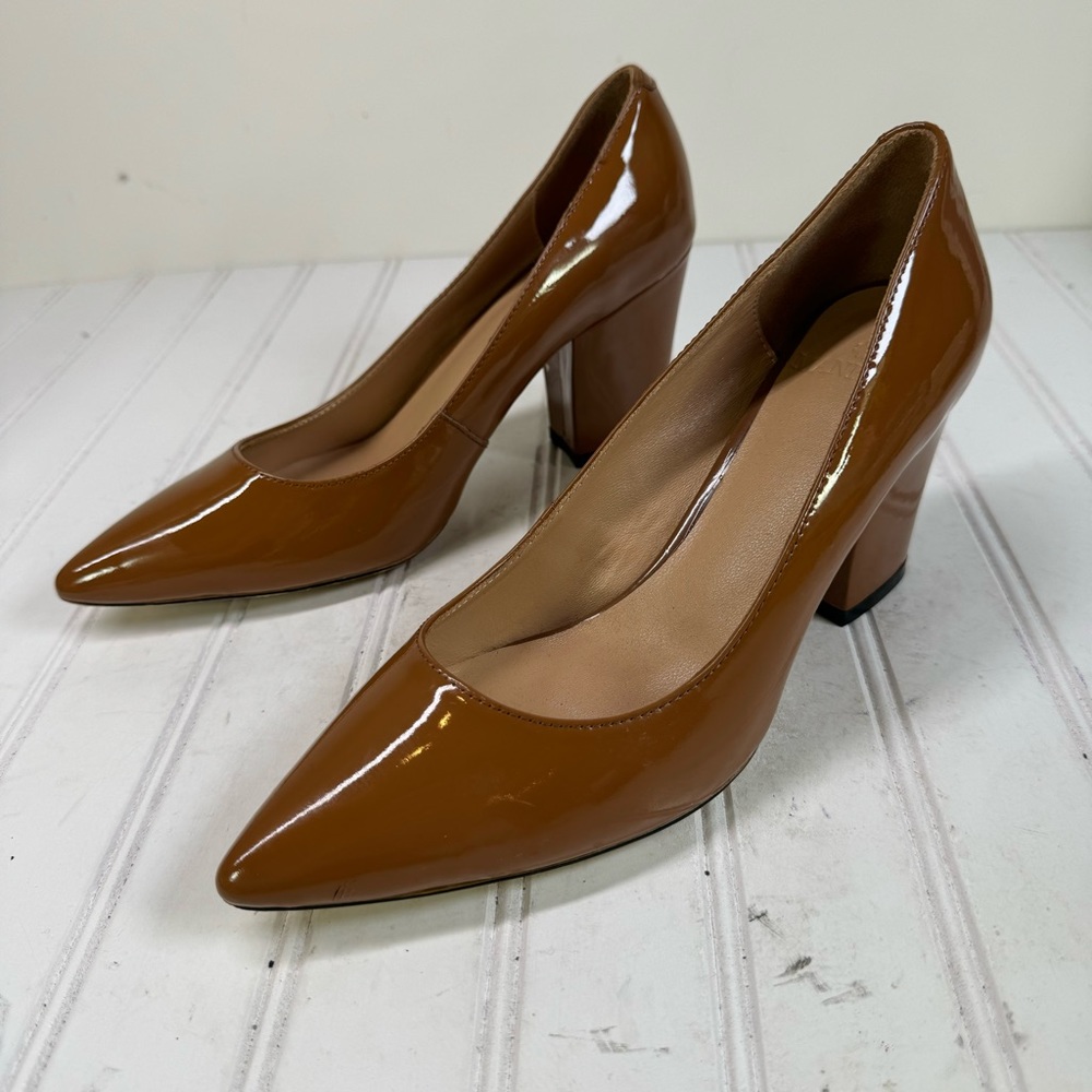 Marino Camel Patent Leather Stack Heel Pumps - Gem